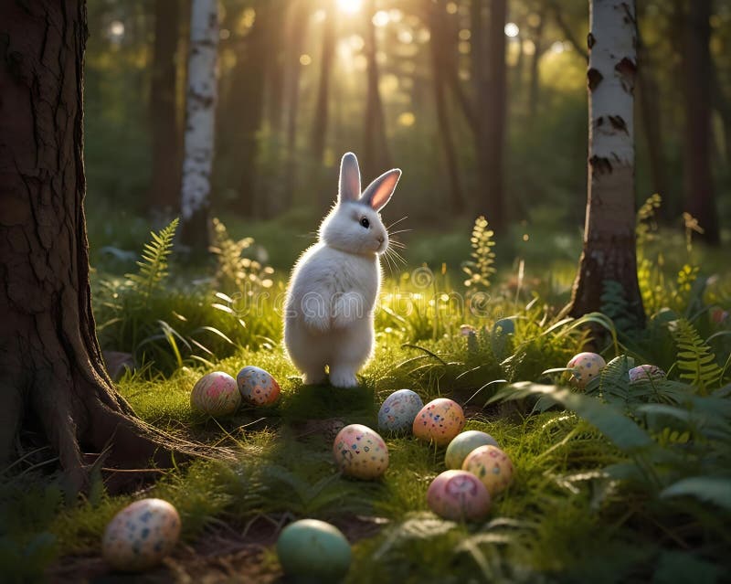 Adorable Easter Bunny in Enchanted Forest Stock Illustration ...