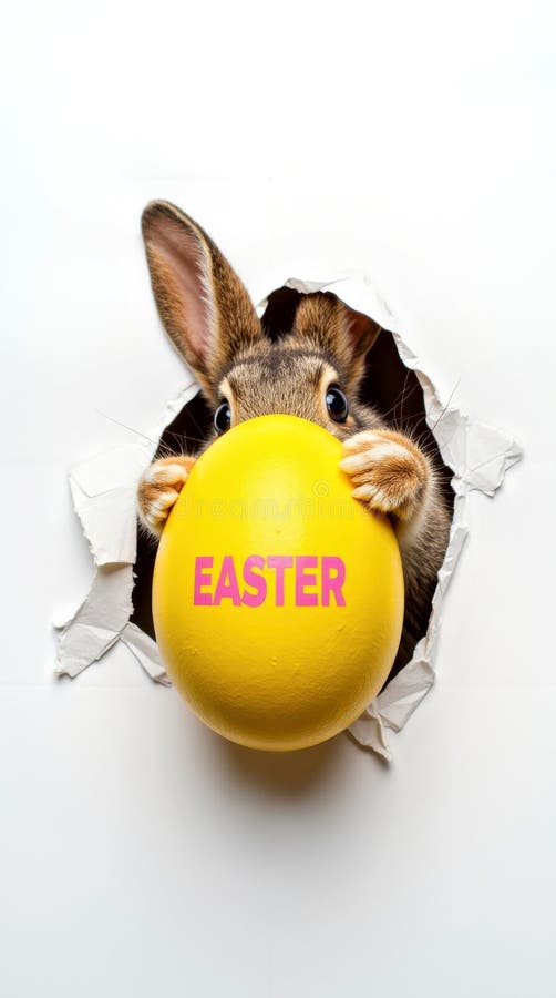 Adorable Easter Bunny Holding Yellow Egg Peeking through Paper Hole ...