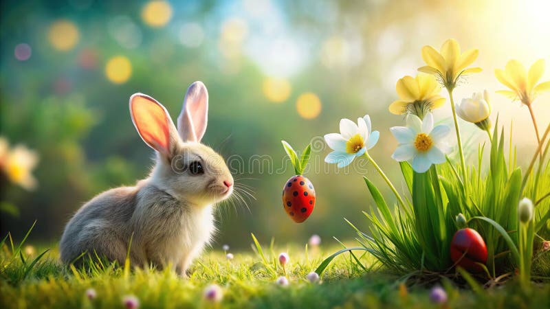 Adorable Easter Bunny and Ladybug Illustration a Springtime Scene for ...