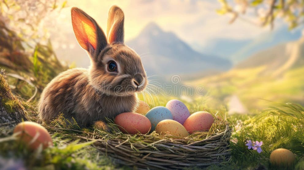 Adorable Easter Bunny in a Nest with Colorful Eggs Stock Illustration - Illustration of outdoor ...