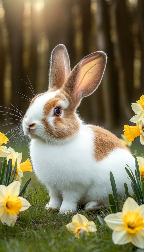 Adorable Easter Bunny Posing White Rabbit with Brown Ears Amidst Spring ...