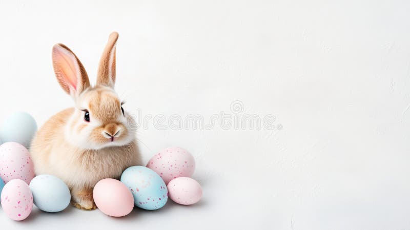 Adorable Easter Bunny Sitting on Hay with Pastel Blue and Pink Eggs in ...
