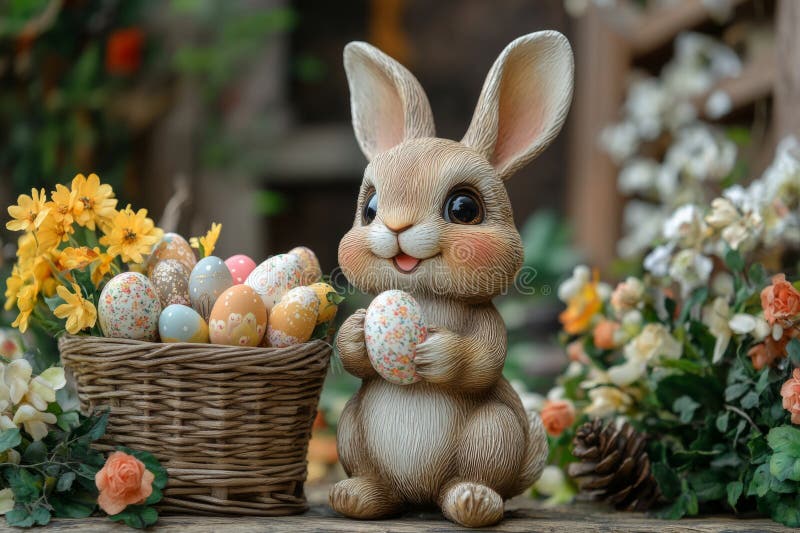 Adorable Easter Bunny Sitting Next To a Basket with Colored Eggs Stock ...