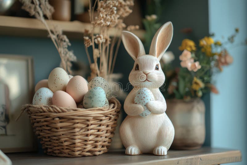 Adorable Easter Bunny Sitting Next To a Basket with Colored Eggs Stock ...