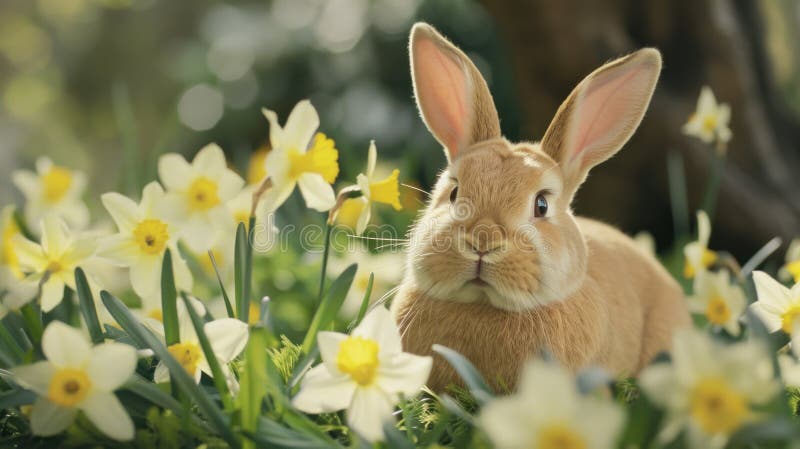 An Adorable Easter Bunny Surrounded by Daffodils Stock Photo - Image of ...