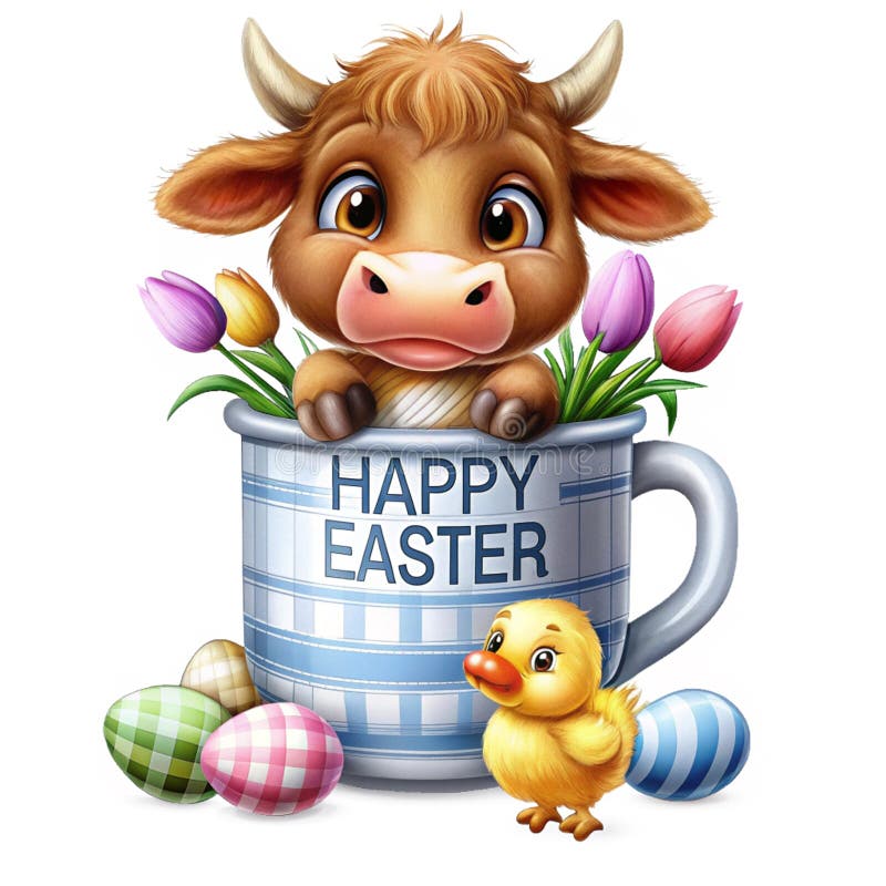 Adorable Easter Cup with Cow, Duckling, Eggs, and Tulips Illustration 5 ...