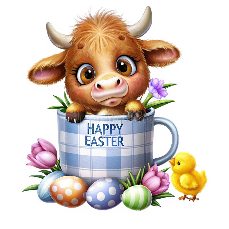 Adorable Easter Cup with Cow, Duckling, Eggs, and Tulips Illustration 4 ...