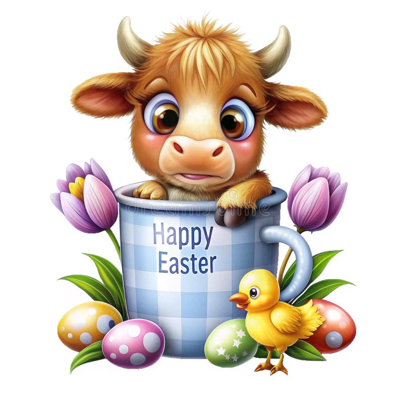 Adorable Easter Cup with Cow, Duckling, Eggs, and Tulips Illustration 1 ...