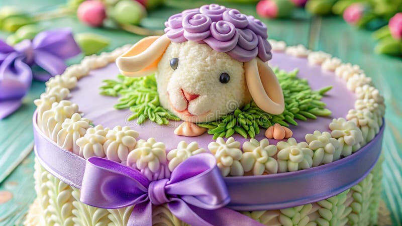 Delightful Easter Lamb Cake with Exquisite Purple Lavender Ribbon Icing ...