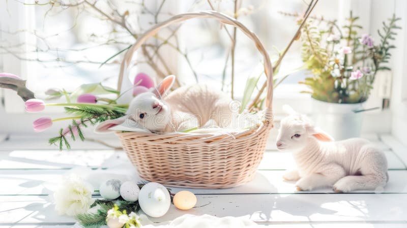 Adorable Easter Scene with Young Lambs and Spring Flowers. Stock Photo ...