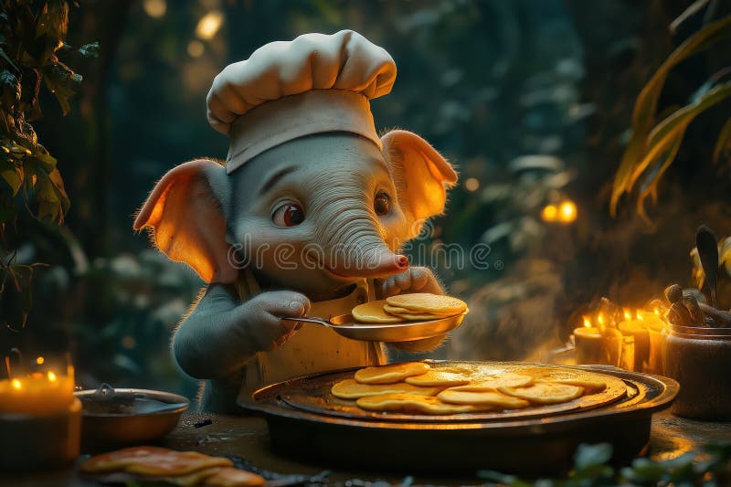 Adorable Elephant Chef Preparing Pancakes in a Magical Forest Setting ...