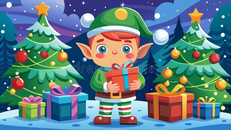An Adorable Elf with Christmas Gifts and Merry Christmas Background ...