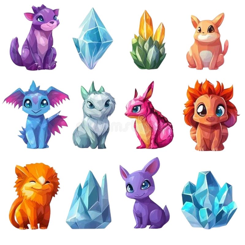 Adorable Fantasy Creatures and Crystals Magical Collection Stock ...
