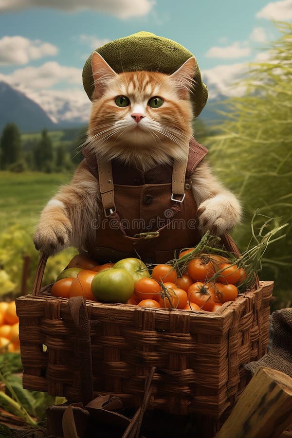 Adorable Farmer Cat in Hat is Standing in the of Garden, with a Wicker ...