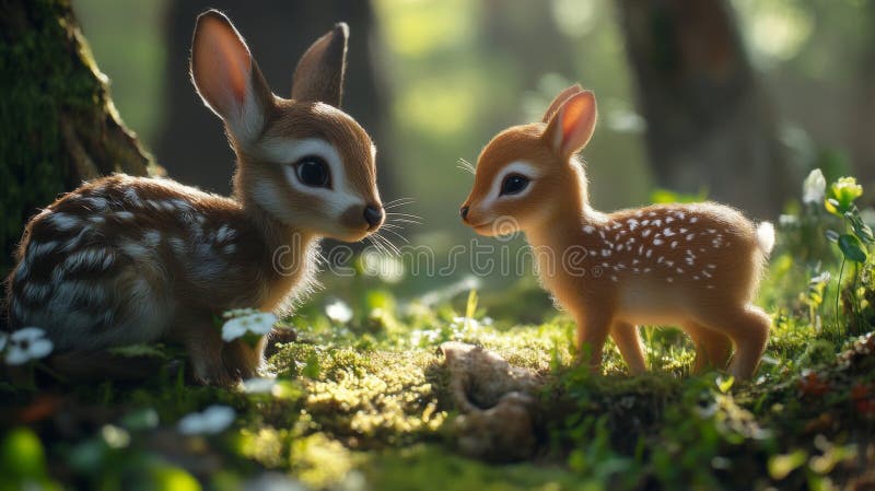 Adorable Fawn and Rabbit in a Sunlit Forest Stock Illustration ...