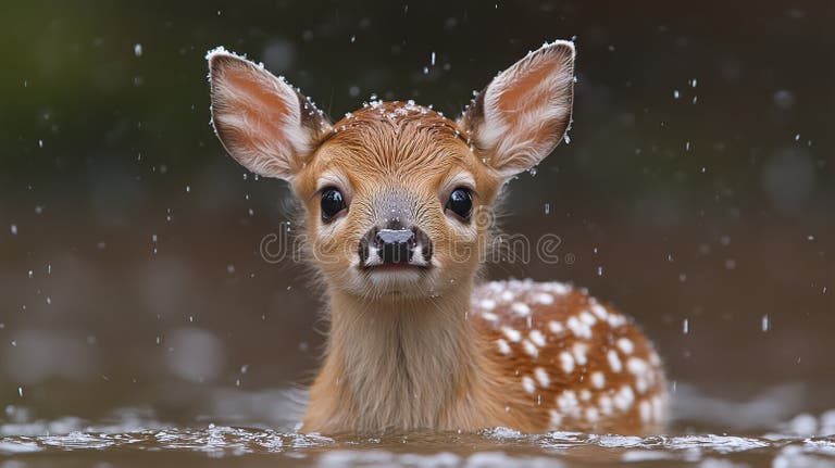 Adorable fawn in water stock photo. Image of winter - 366101680
