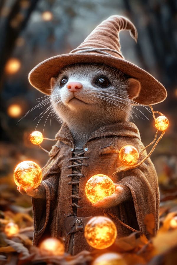 Adorable Ferret Dressed As a Wizard Surrounded by Magical Glowing Orbs ...