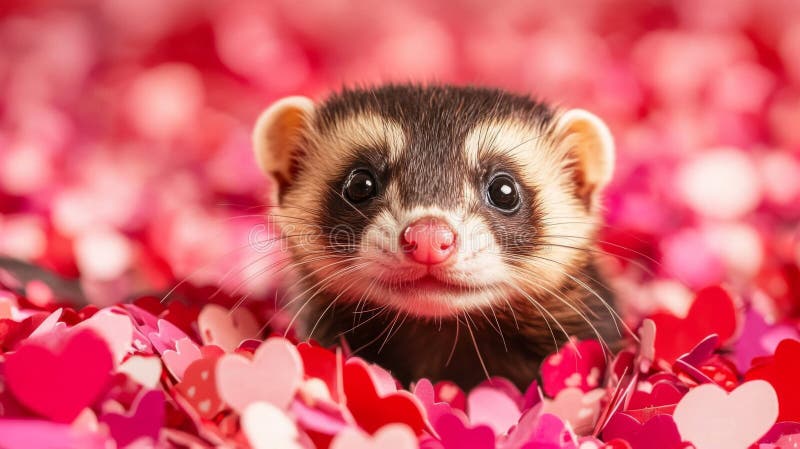 Adorable Ferret among Pink Hearts Valentines Day Stock Illustration ...
