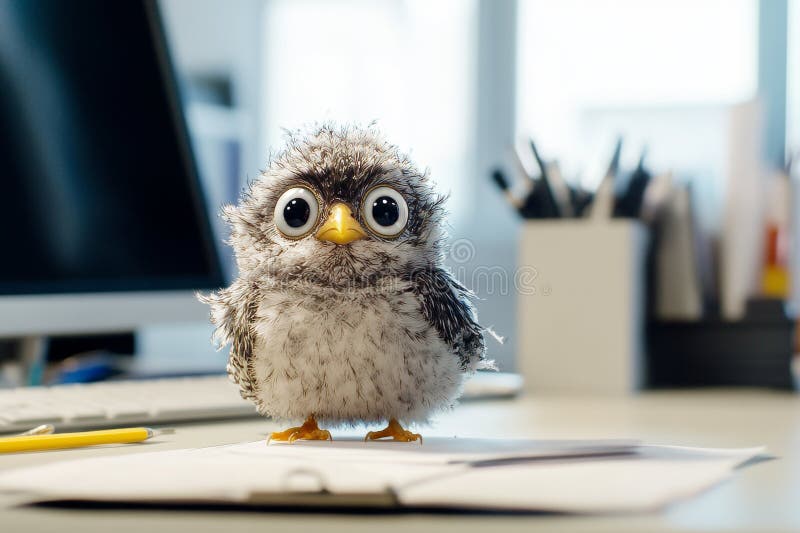 Adorable Fluffy Bird Perched on Office Desk, Surprised by Workload and ...