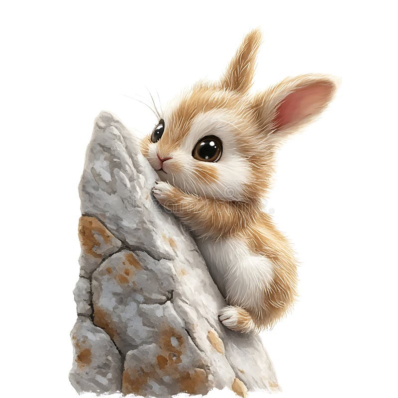 Adorable Fluffy Brown Bunny Climbing a Grey Rock Stock Illustration ...