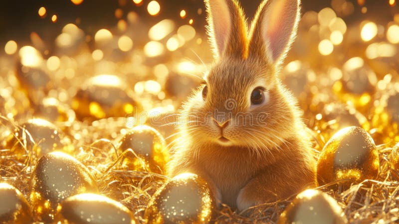 Adorable Fluffy Brown Rabbit among Golden Eggs Stock Illustration ...