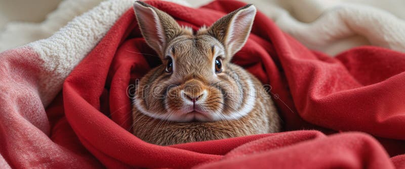 Adorable Fluffy Brown Rabbit Wrapped in Red Blanket Stock Photo - Image ...