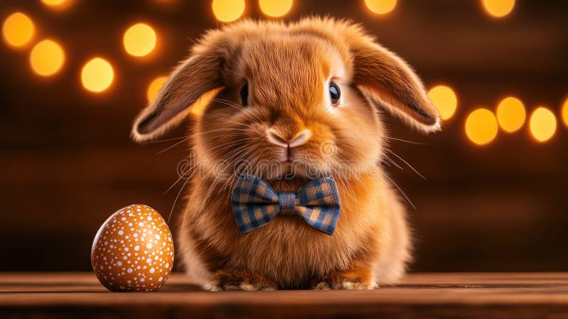 Adorable Fluffy Bunny with Bow Tie Next To Decorated Easter Egg and ...