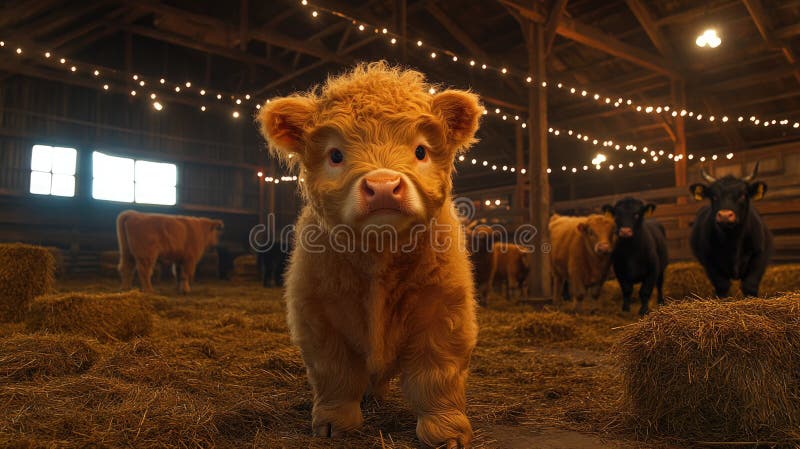 Adorable Fluffy Calf in Barn with String Lights and Hay Bales Stock ...