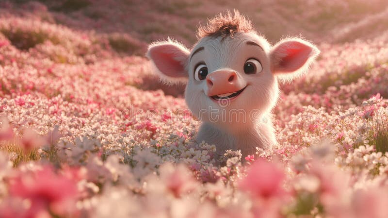Adorable Fluffy Calf in Pink Flower Field Stock Illustration ...