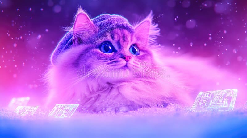 Adorable Fluffy Cat in Neon Fantasy Setting with Futuristic Elements ...