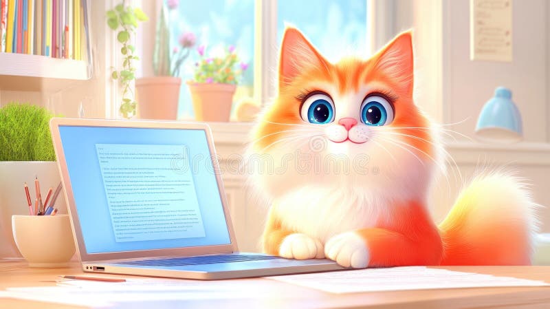 Adorable Fluffy Cat Using Laptop in Bright Home Office Setting Stock ...