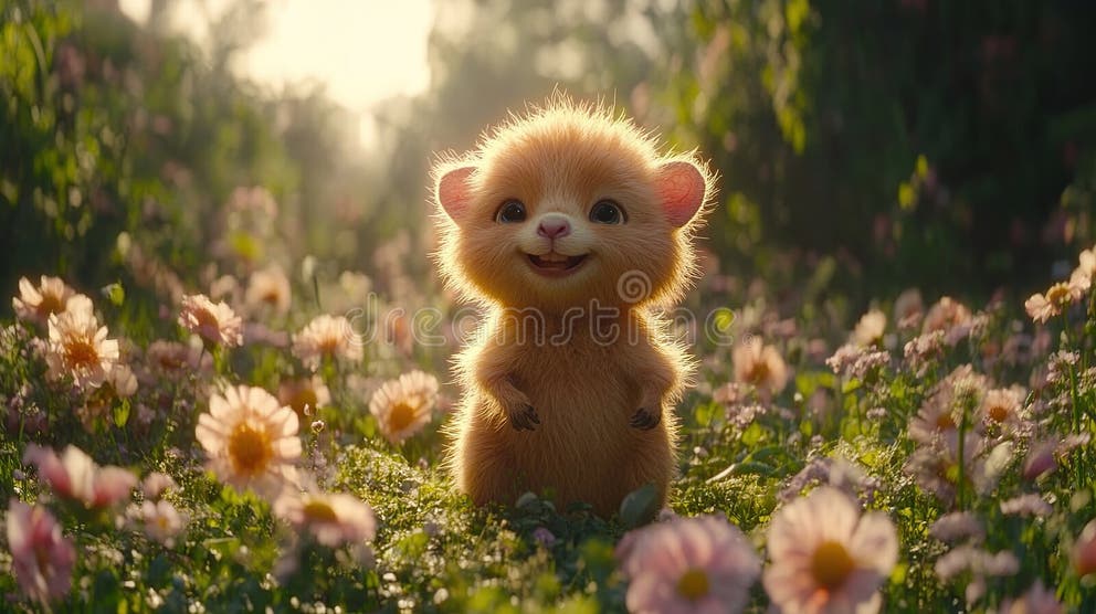 Adorable, Fluffy Creature in a Field of Flowers Stock Image - Image of ...