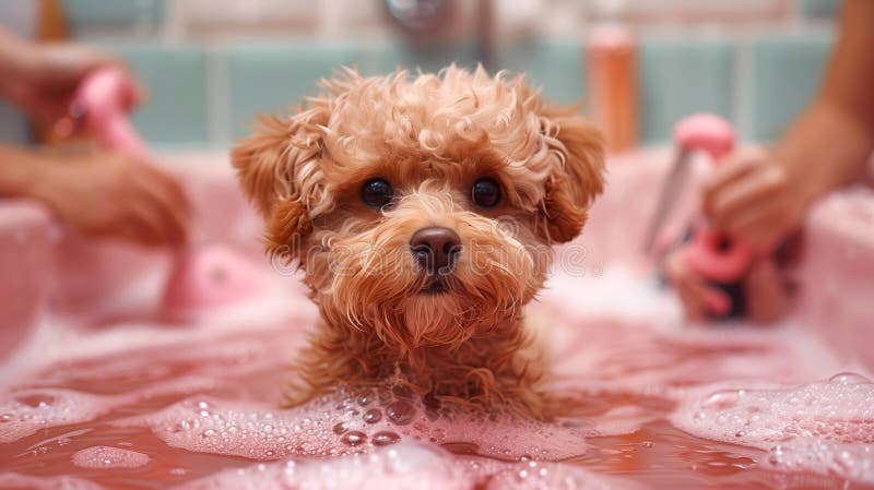 Adorable Fluffy Dog a Bath in a Tub, Surrounded by Bubbles and Grooming ...
