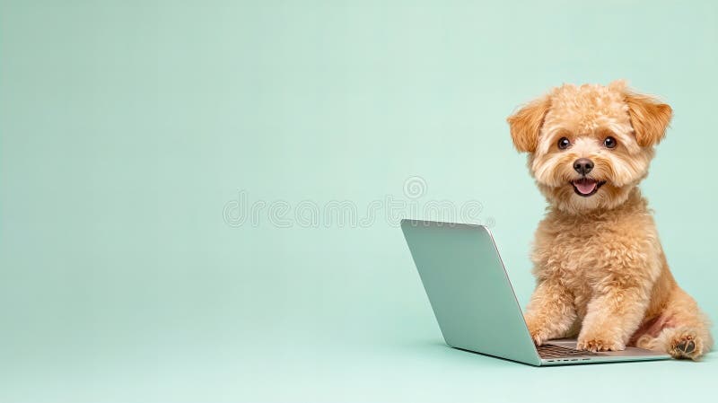 Adorable Fluffy Dog with Laptop on Mint Green Background Stock ...