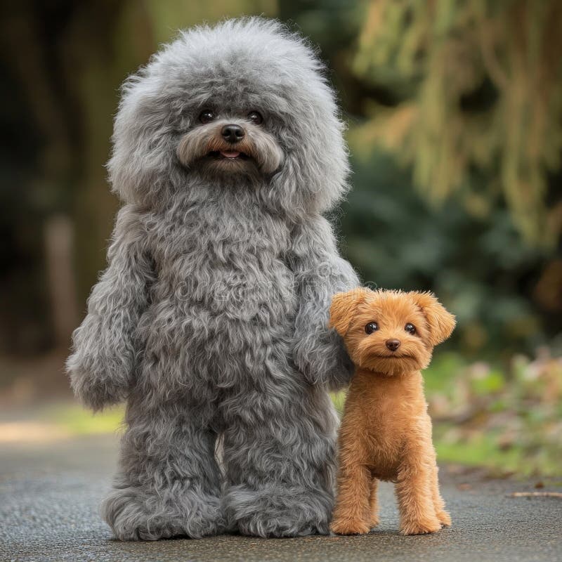 Adorable Fluffy Dogs with Curly Fur Standing on Pathway Outdoors Stock ...
