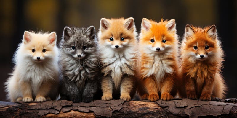 Five Charming, Fluffy Foxes Pose Together on a Fallen Tree Trunk. AI ...