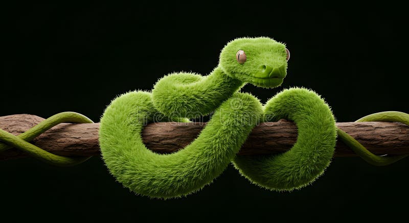 Adorable Fluffy Green Snake Wrapped Around a Branch in a Dark Setting ...