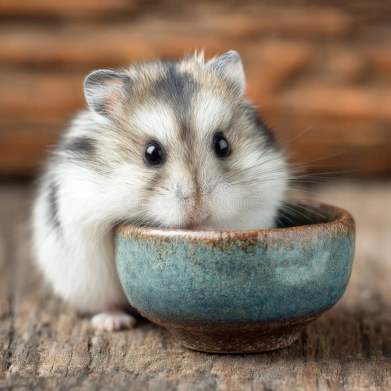 Adorable Fluffy Grey and White Hamster Eating from Teal Bowl Stock ...