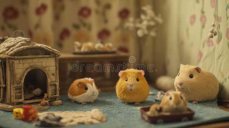 Adorable Fluffy Guinea Pigs in Miniature Home Setting Stock ...