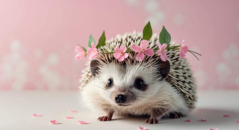 Adorable Fluffy Hedgehog with Flower Crown in Pink Scene. Stock Photo ...
