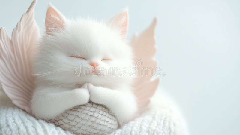 Adorable Fluffy Kitten with Angel Wings Resting Peacefully in a Cozy ...