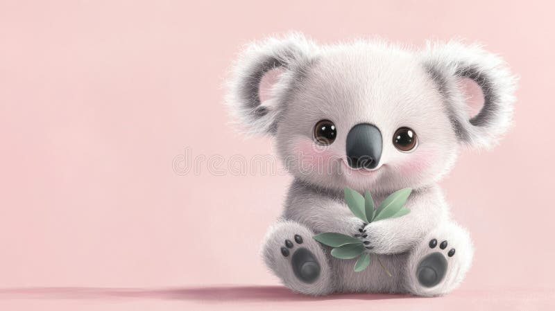 Adorable Fluffy Koala Holding Eucalyptus Leaf on Pink Background Stock ...