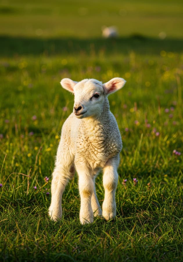 Adorable Fluffy Lamb in Spring Pasture Stock Illustration ...