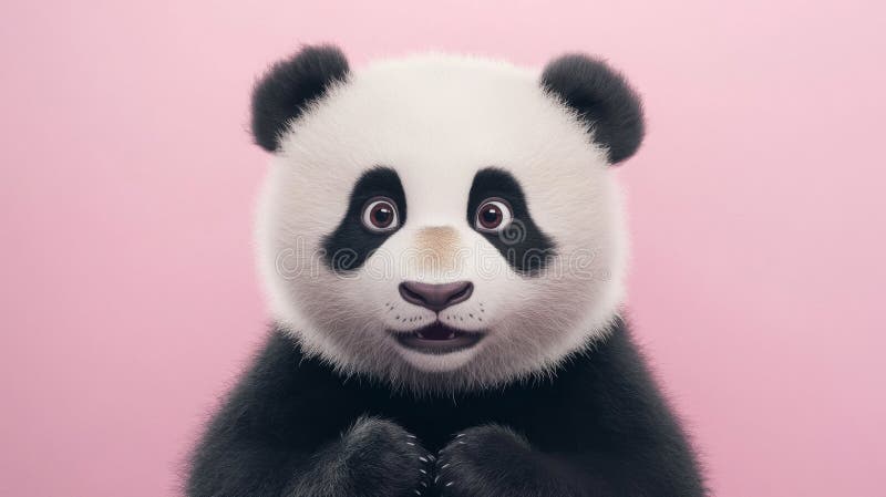 Adorable Fluffy Panda Closeup on Pink Background Stock Illustration ...