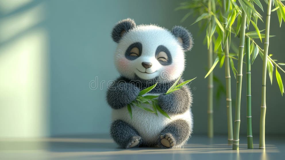 Adorable Fluffy Panda Cub with Bamboo Shoots Stock Illustration ...