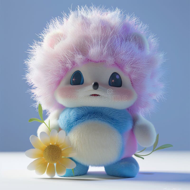Adorable Fluffy Plush Toy with Daisy on Soft Blue Background Stock ...