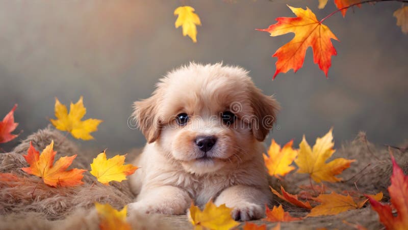Adorable Fluffy Puppy with Autumn Leaves Stock Image - Image of fluffy ...