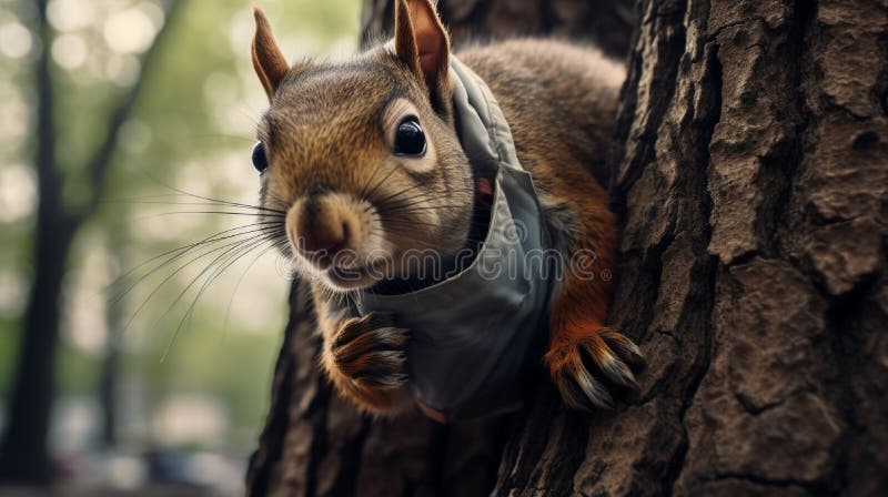 A Fluffy Squirrel Climbing a Tree Trunk in the Forest. Generated by AI ...