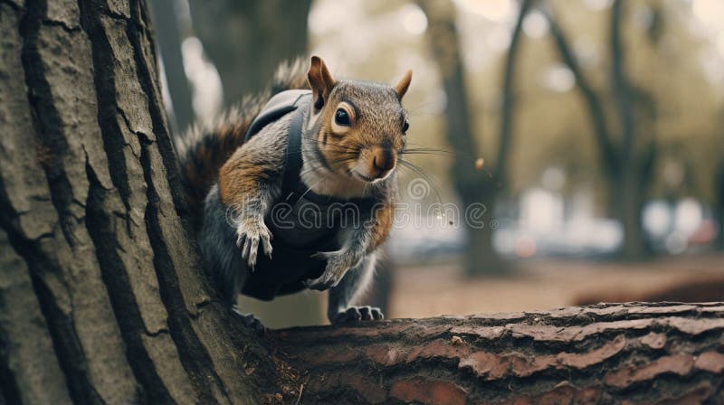 A Fluffy Squirrel Climbing a Tree Trunk in the Forest. Generated by AI ...