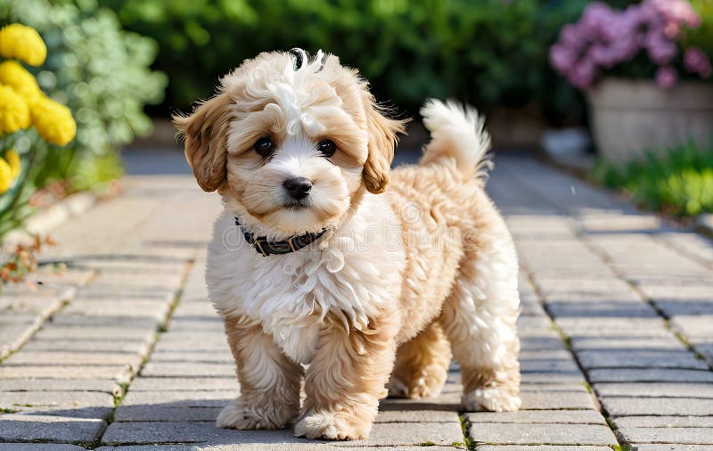 Adorable Fluffy Tan and White Puppy Standing on a Brick Pathway in a ...